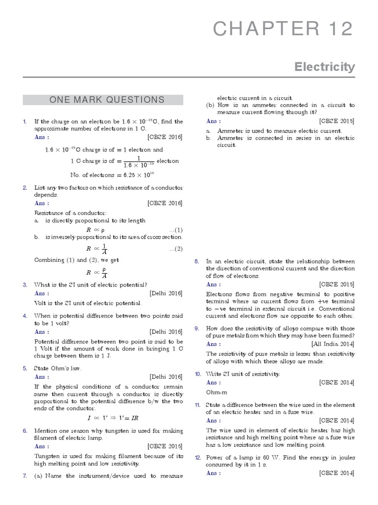 Electricity: One Mark Questions | PDF | Electrical Resistance And ...