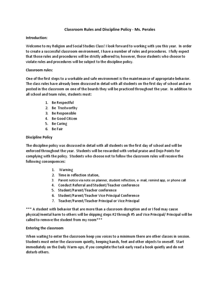 Classroomrulesanddisciplinepolicy Copy2 | PDF | Teachers | Classroom