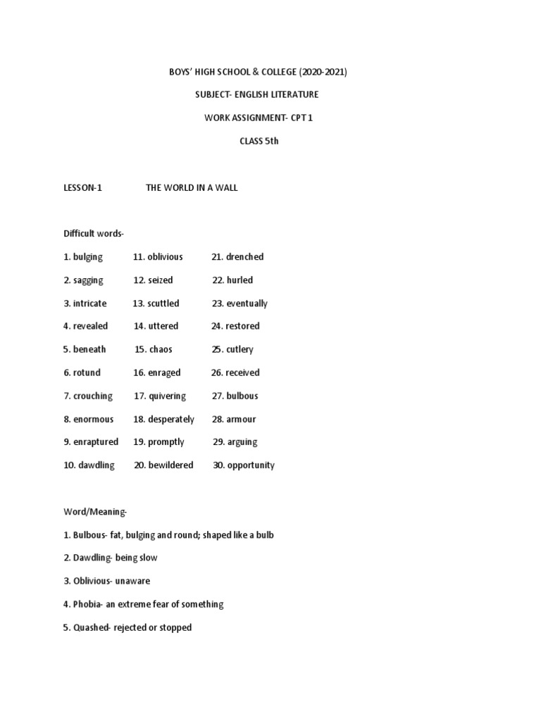 Class-5 Eng Lit Worksheet-2 | PDF