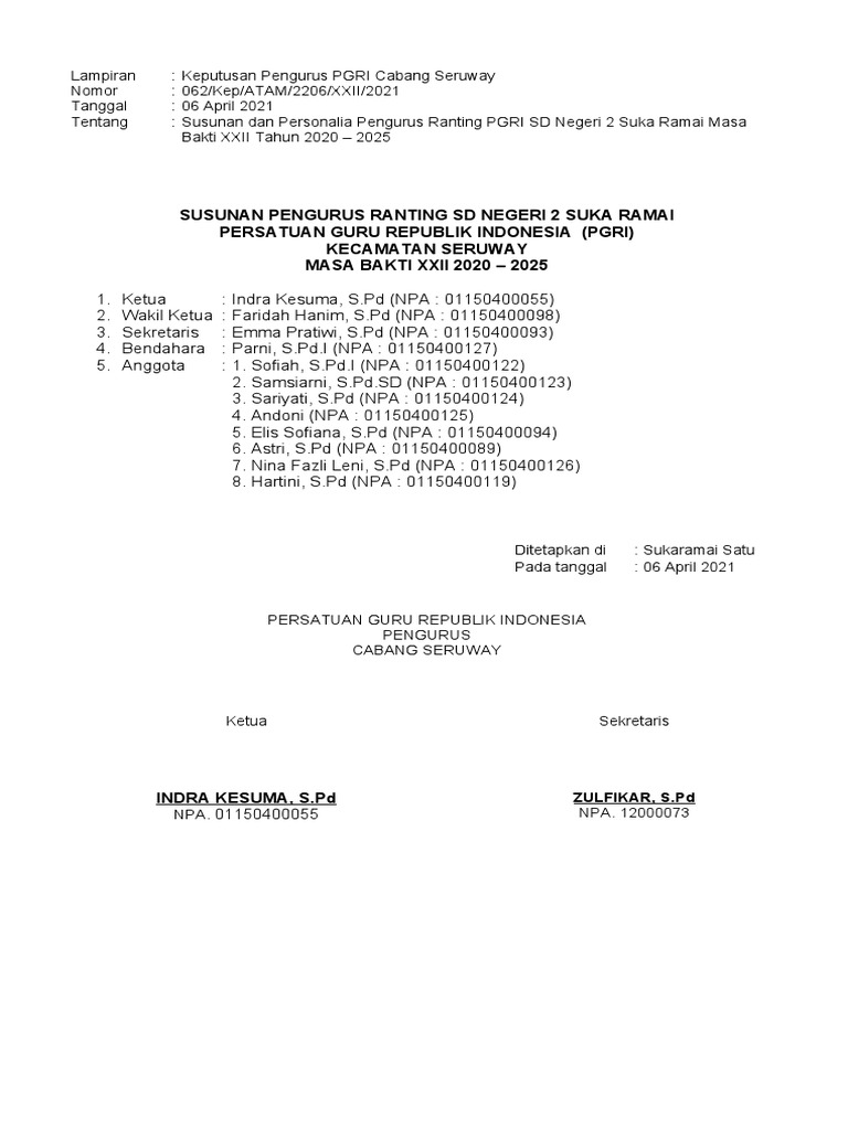 Susunan Kepengurusan PGRI Ranting | PDF Susunan Kepengurusan PGRI Ranting | PDF