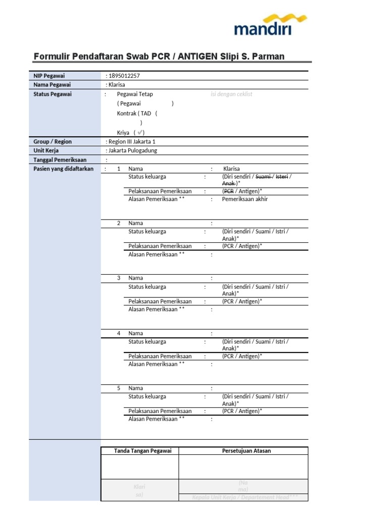 Form Pendaftaran PCR - Antigen Risa | PDF