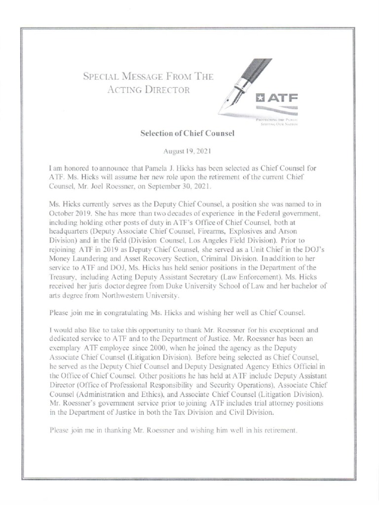 ATF Selection of Chief Counsel | PDF