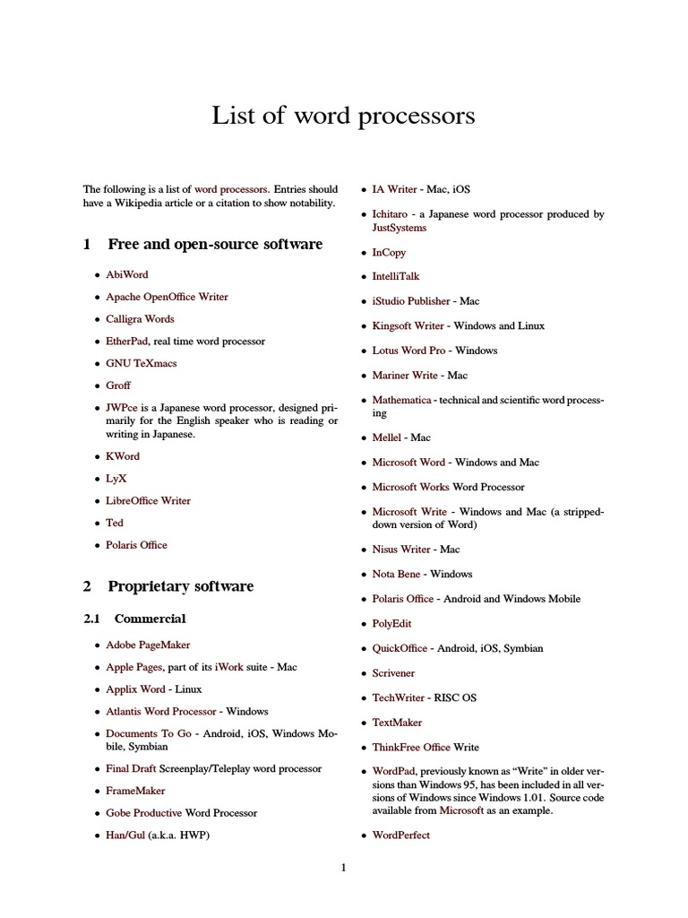 List of Word Processors: 1 Free and Open-Source Software | PDF ...