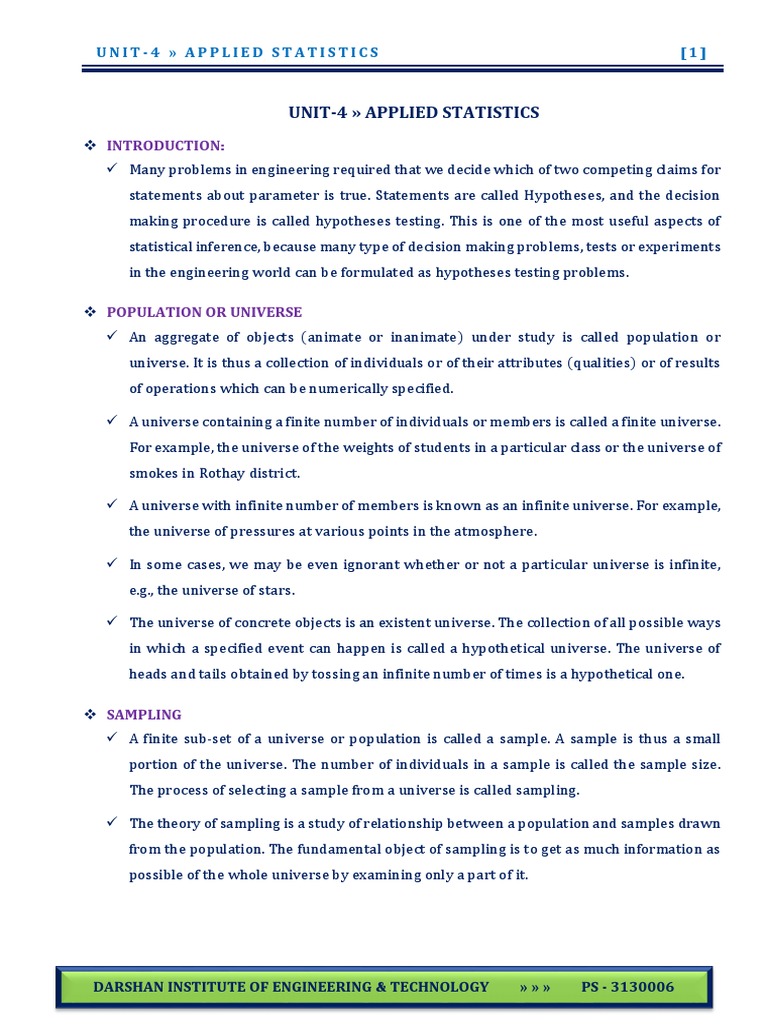 Unit-4 Applied Statistics | PDF | Statistical Significance ...
