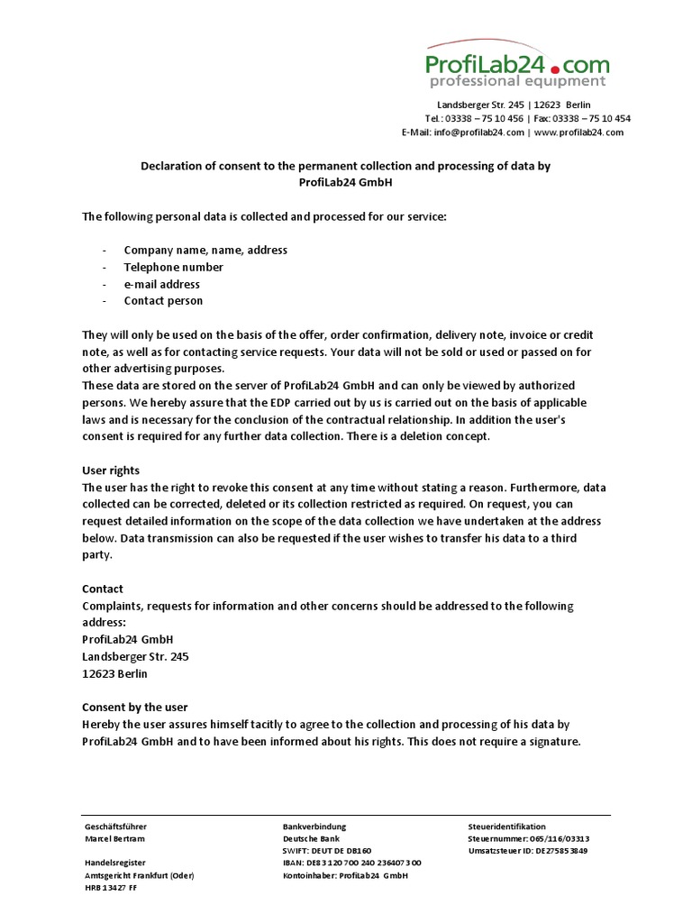 Declaration of Consent To The Permanent Collection and Processing of ...