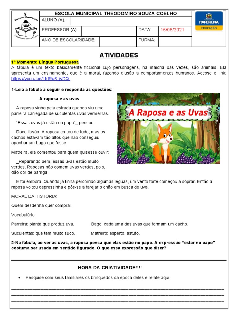 Atividades sobre a Fábula "A Raposa e as Uvas" | PDF | Uva | Brinquedos
