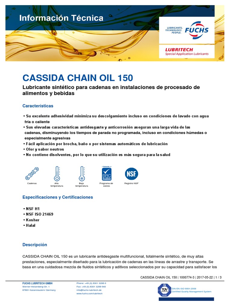 Cassida Chain Oil 150: Lubricante Alimentario | PDF | Industria de ...