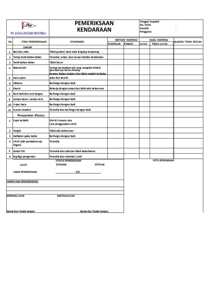 Checklist Pemeriksaan Kendaraan | PDF