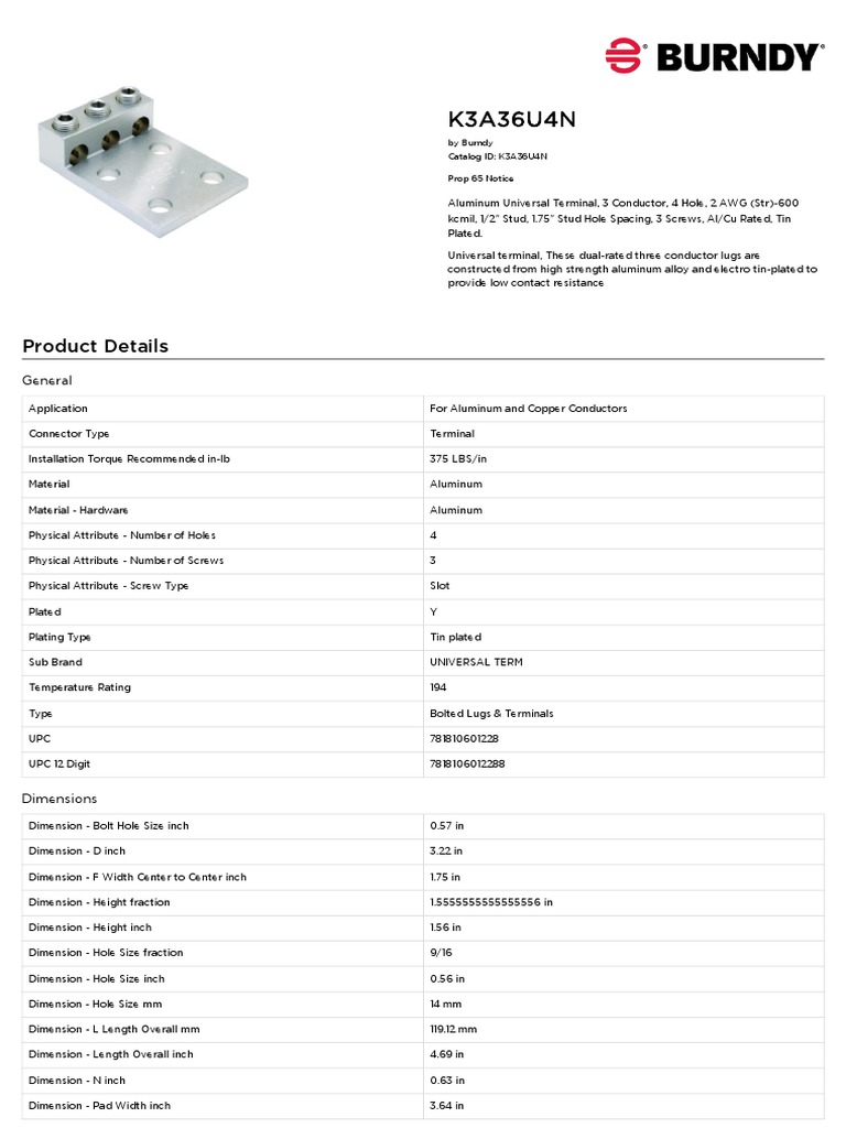 BURNDY K3A36U4N Specsheet | PDF | Screw | Electrical Conductor