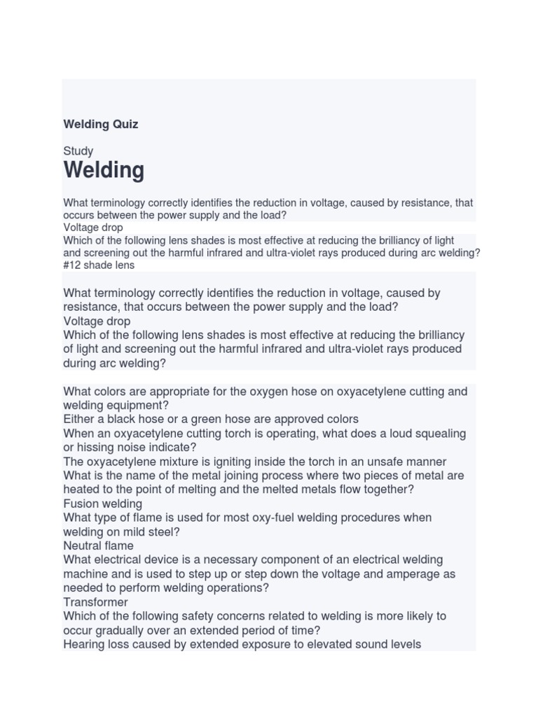 Welding Study Quiz | PDF | Construction | Welding