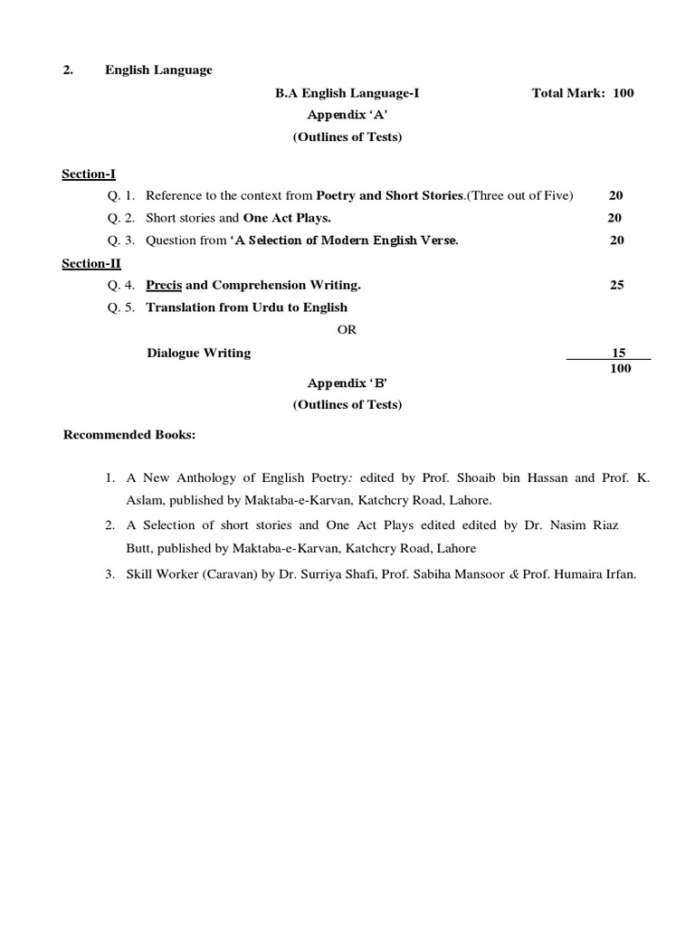 Punjab University Ba Part 1 English Compulsory Language I Syllabus | PDF