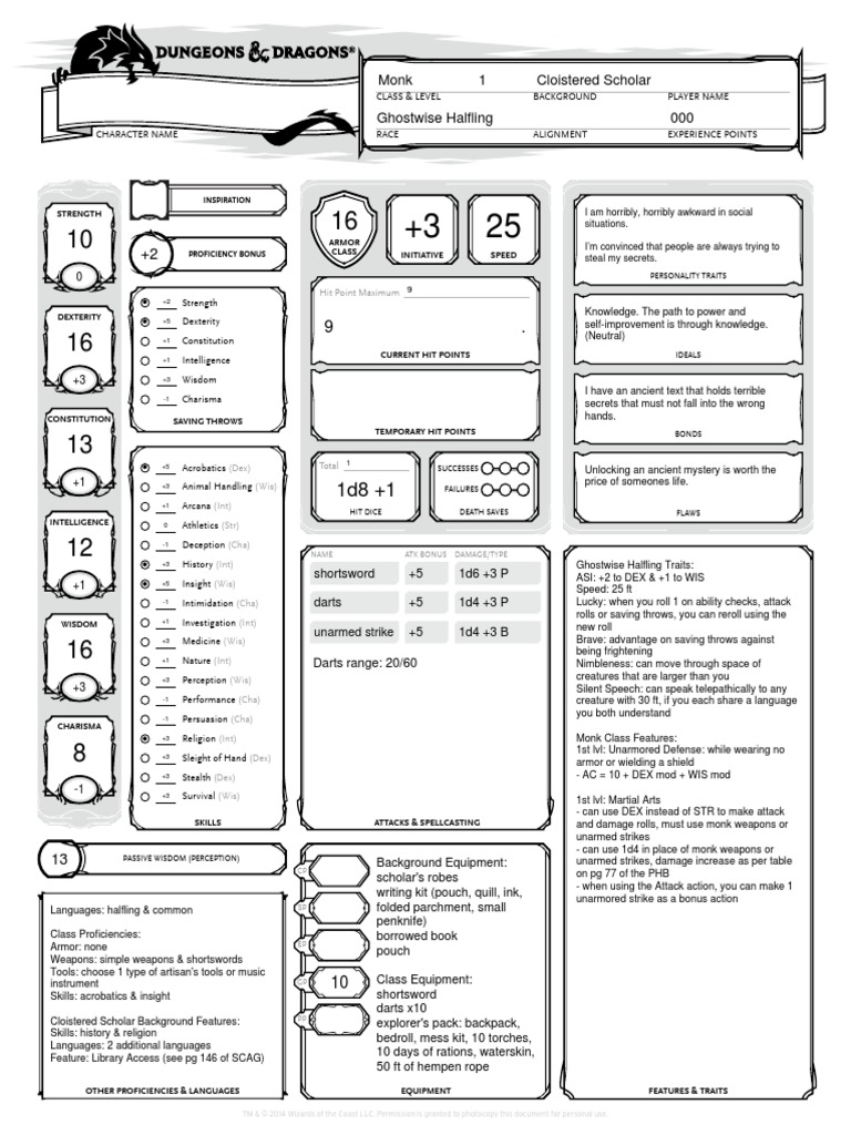 Ghostwise Halfling Way of The Long Death Monk 1 | PDF | Role Playing ...
