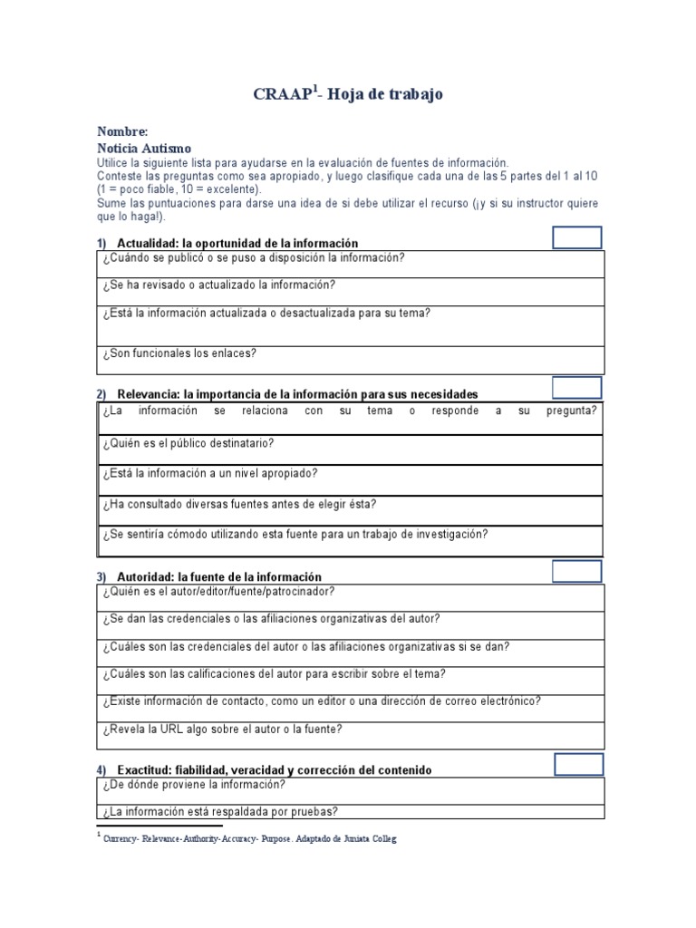 The CRAAP Test Worksheet, Diego Tello | PDF | Información | Cognición