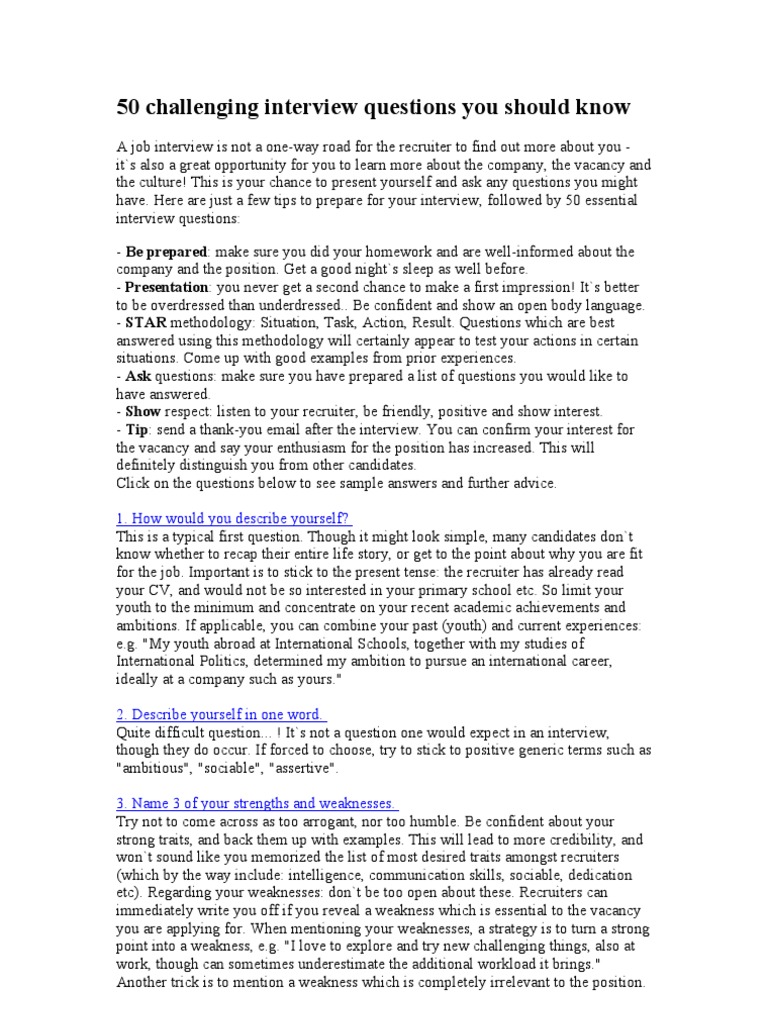 50 Challenging Interview Questions You Should Know | PDF ...