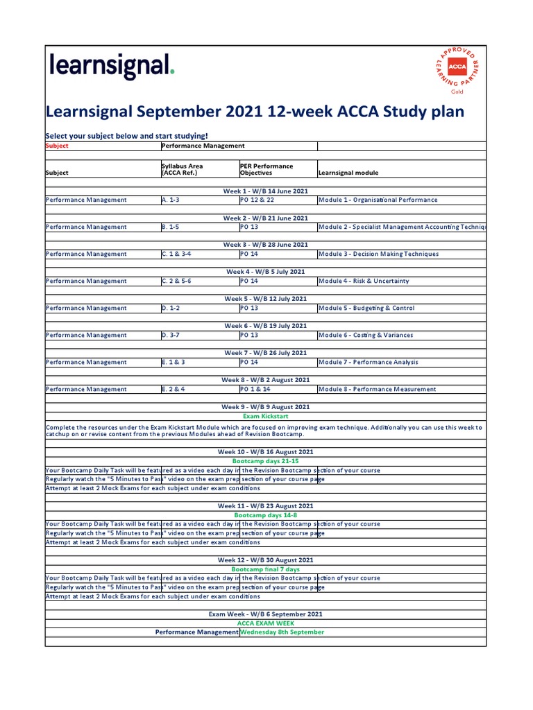 Learnsignal September 2021 12-Week ACCA Study Plan: Select Your Subject ...