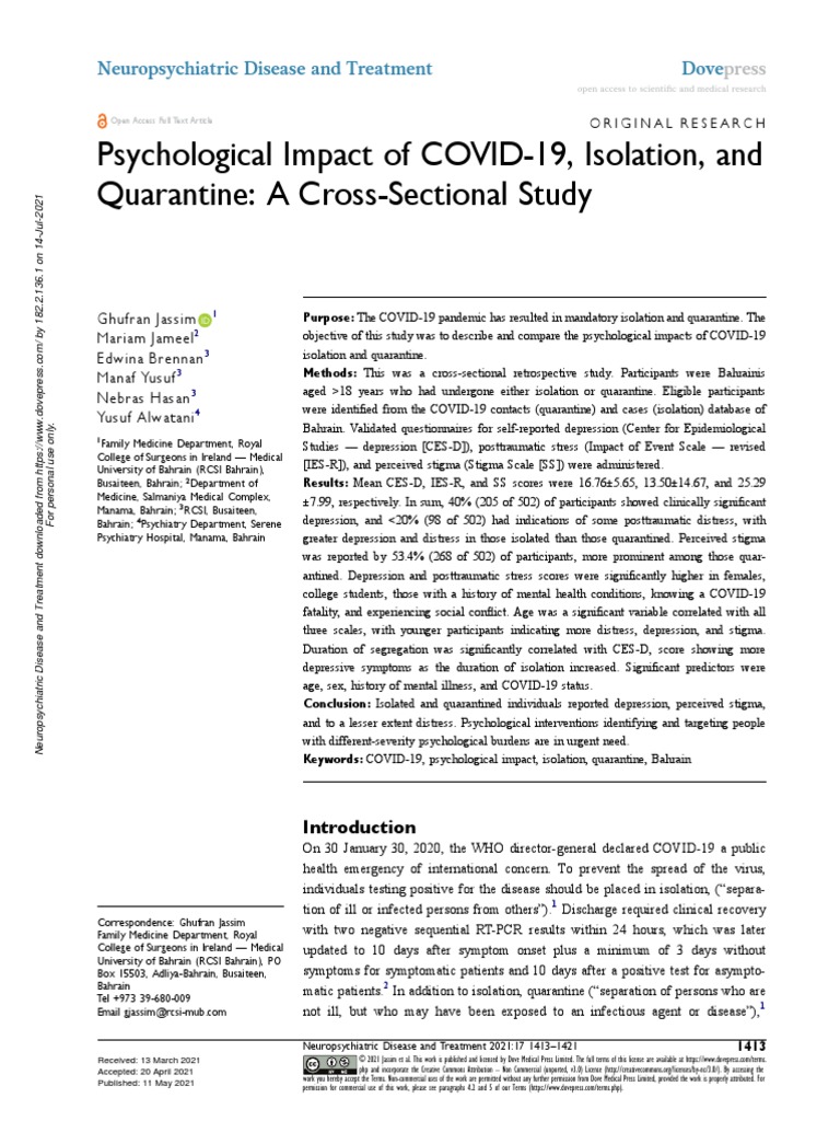 Psychological Impact of COVID-19, Isolation, and Quarantine: A Cross ...