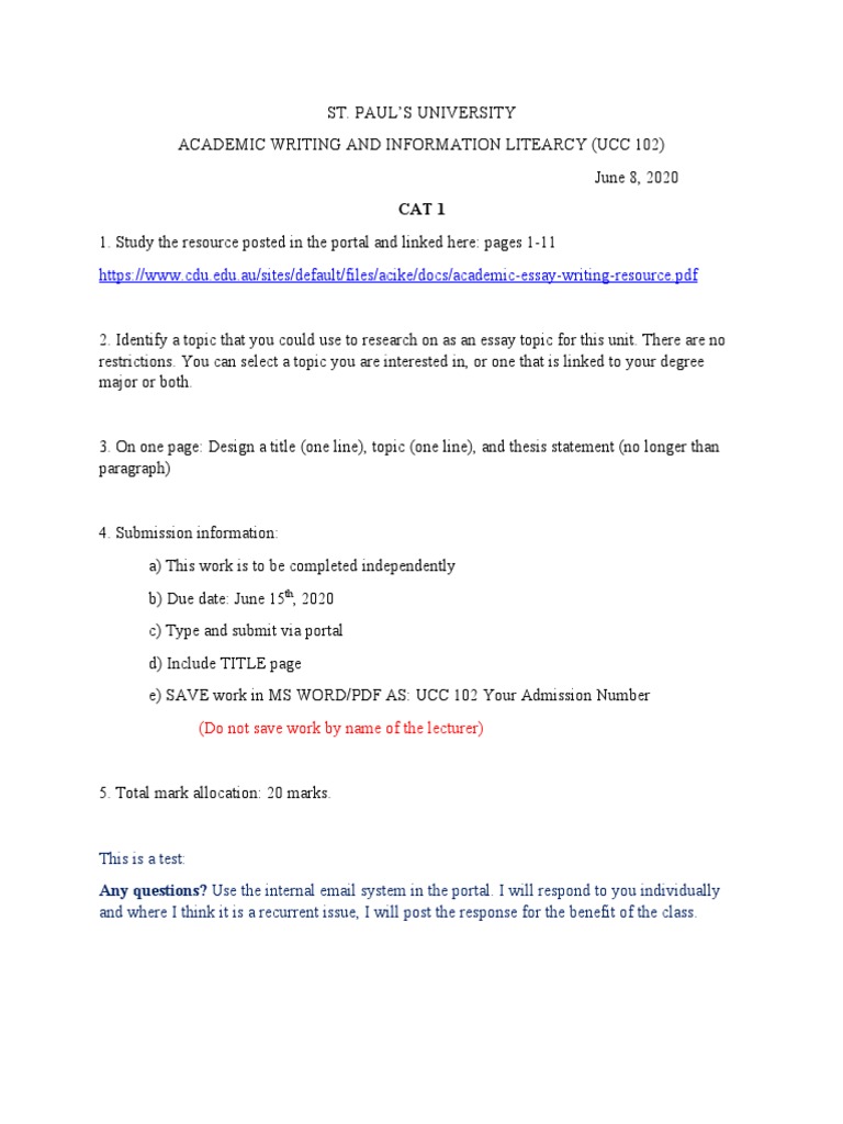 Academic Writing CAT 1 UCC 102 | PDF