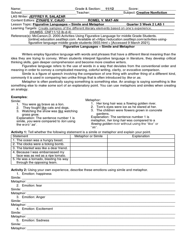 Grade 12-Creative Nonfiction Week 2 Las 1 | PDF | Metaphor | Cognition