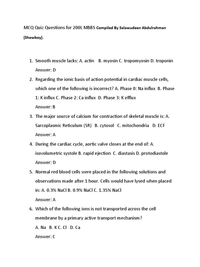 PHS MCQ Tutorials 200l | PDF | Cardiac Muscle | Anatomy