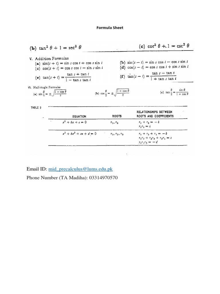 Math 100 - Formula Sheet | PDF