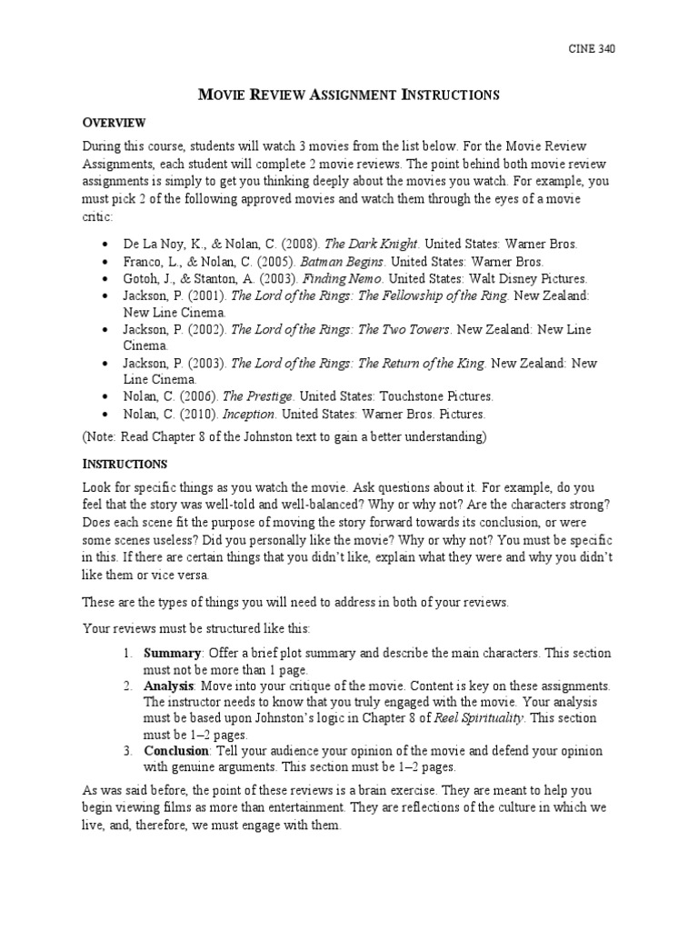 CINE 340 Movie Review Assignment Instructions | PDF