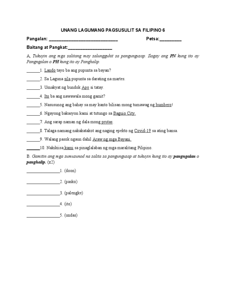 Unang Lagumang Pagsusulit Sa Filipino 6 | PDF