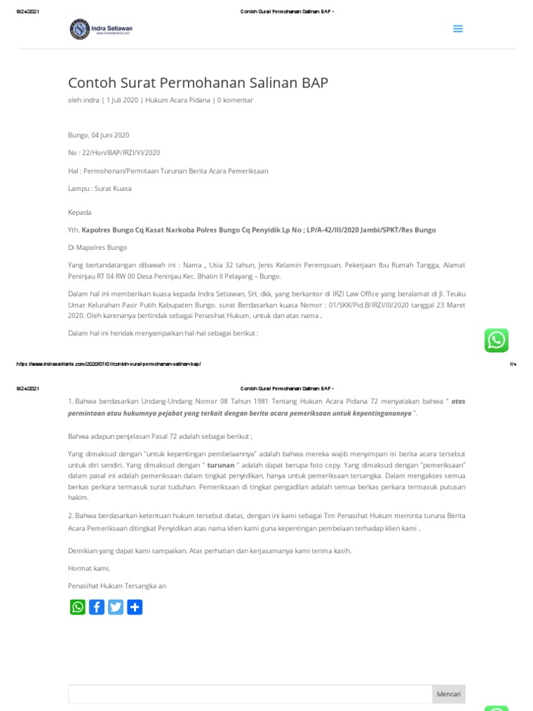 Contoh Surat Permohanan Salinan BAP | PDF