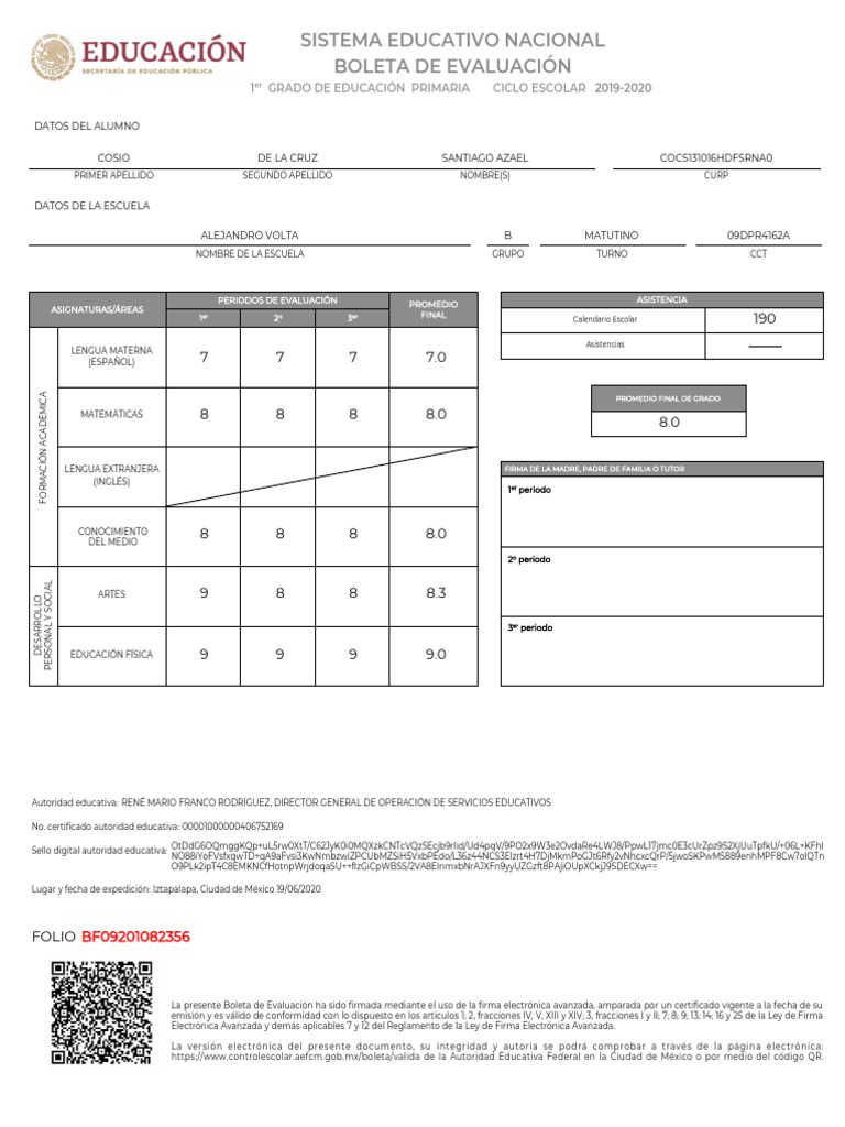 Boleta de Evaluación Escolar 2019-2020 | PDF