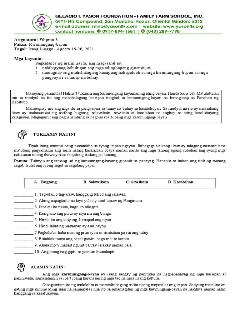 Filipino8 - Unang Linggo | PDF