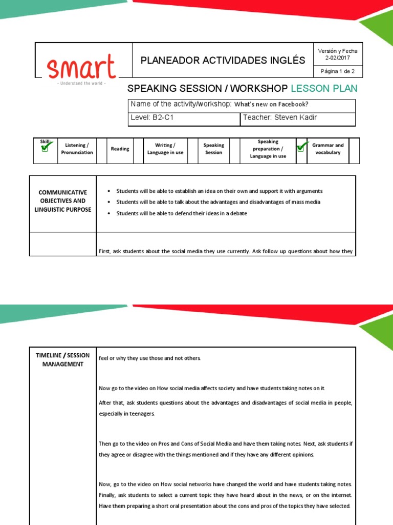 Planeador Actividades Inglés Speaking Session / Workshop: Lesson Plan ...