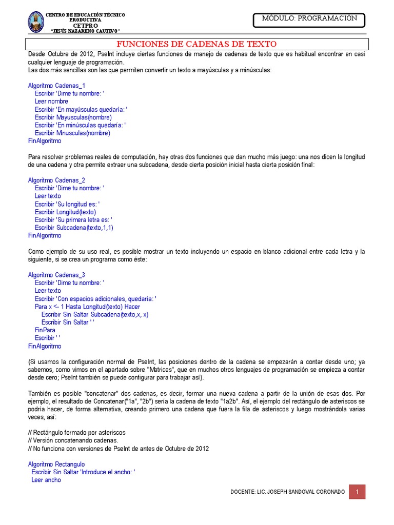Funciones Cadenas de Texto | PDF | Programación de computadoras ...