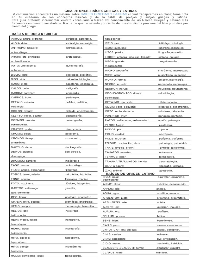 Raìces Griegas y Latinas - Grado 11° | PDF