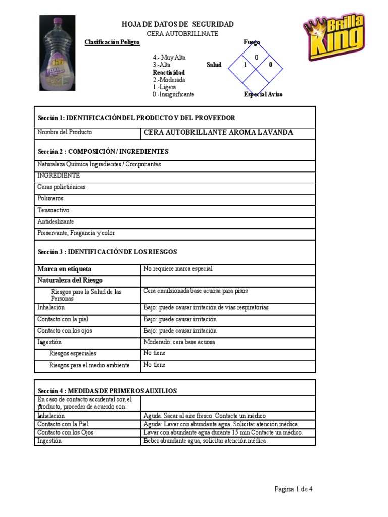 Hoja de Seguridad - Cera Autobrillante | PDF | Agua | Química