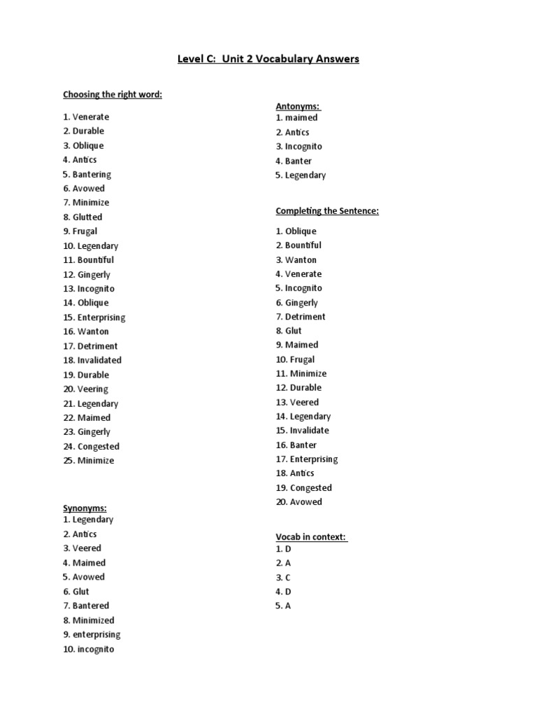 Level C Unit 2 Vocabulary Answers | PDF | Young Adult
