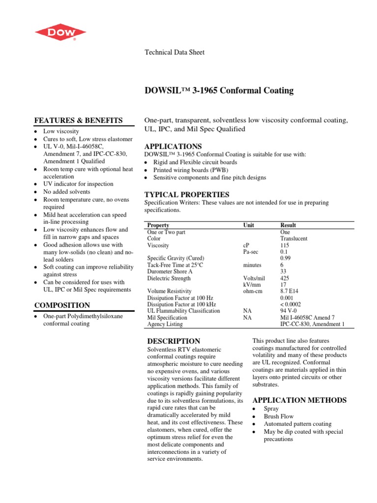 DOWSIL™ 3-1965 Conformal Coating: Features & Benefits | PDF | Printed ...