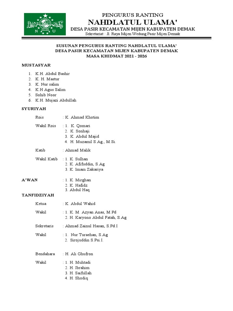Pengurus NU Desa Pasir 2021-2026 | PDF | Agama & Spiritualitas
