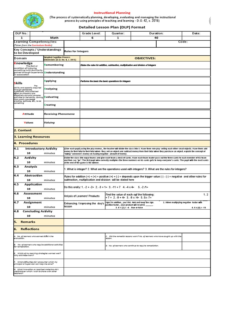 Detailed Lesson Plan (DLP) Format: Learning Competency/ies: Code | Download Free PDF | Learning ...