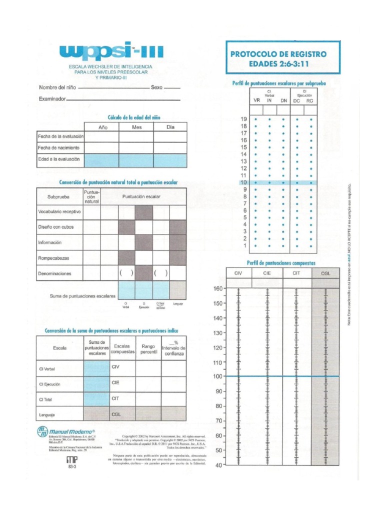 Wppsi-III. Protocolo de Registro (2 A 4 Años) | PDF