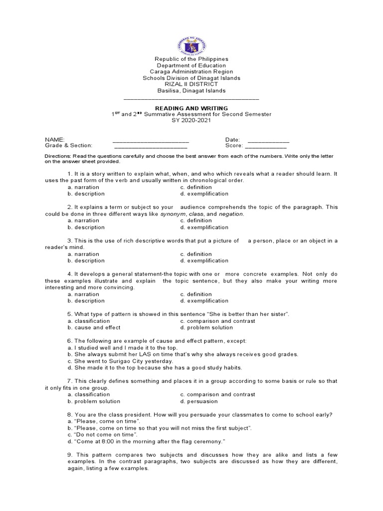 Reading and Writing Summative 1 and 2 | PDF | Word | Adjective