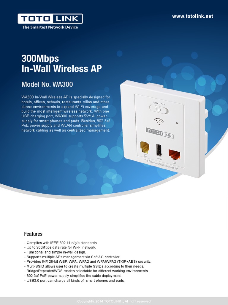 300Mbps In-Wall Wireless AP: Model No. WA300 | PDF | Wi Fi | Wireless Lan