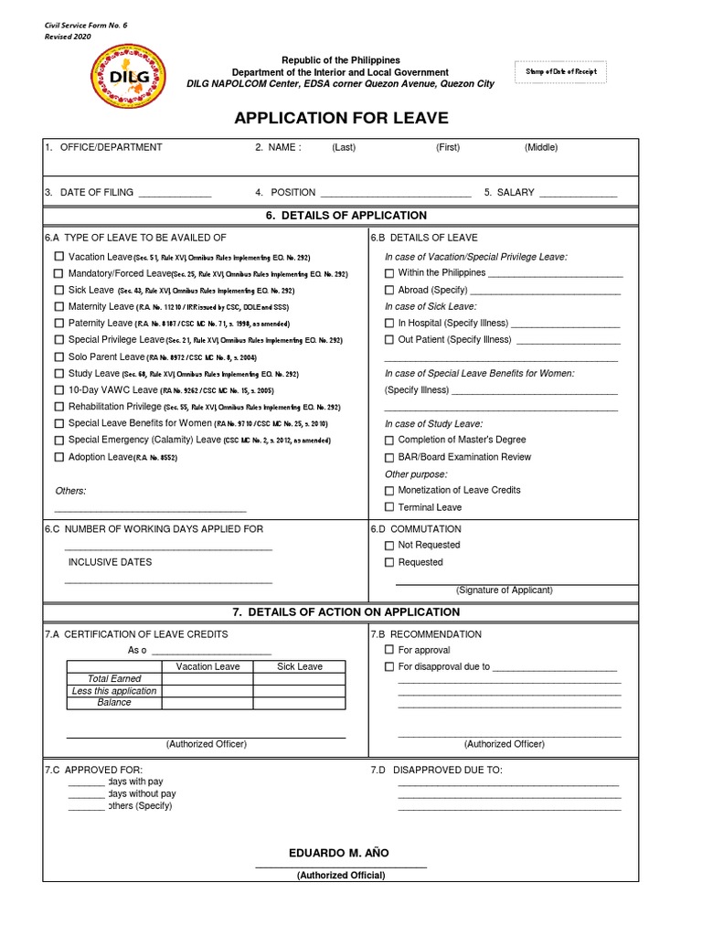 Civil-Service-Form-No.6-Revised-2020-Application-for-Leave 1of 2 | PDF ...