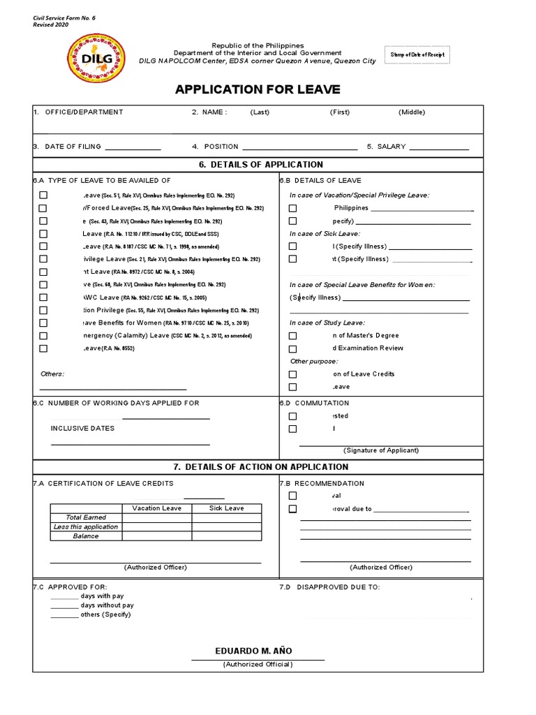 Civil Service Form No.6 Revised 2020 Application For Leave | PDF ...