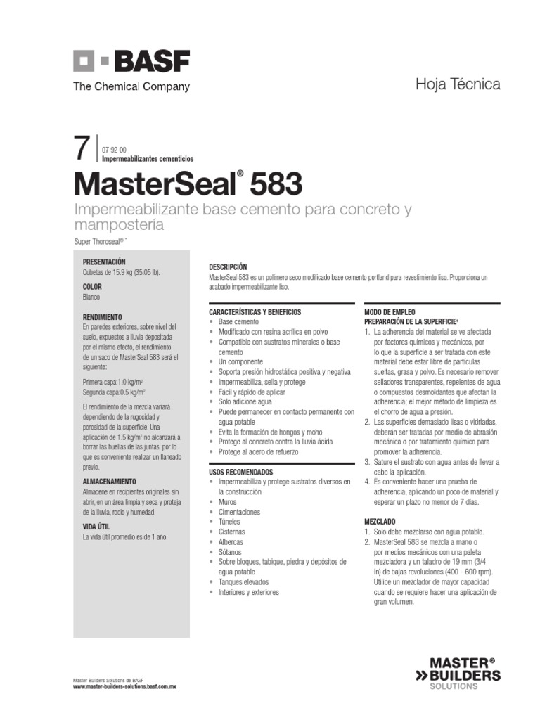 MasterSeal 583 SP | PDF | Agua | Hormigón