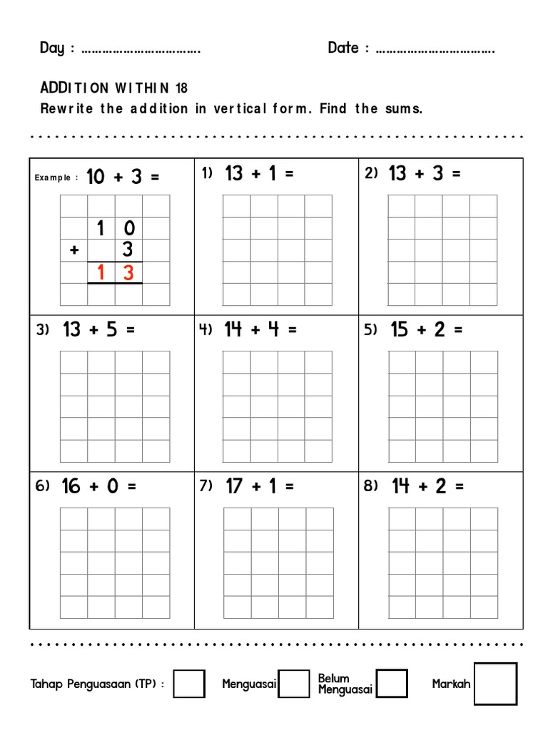 Addition Within 18 Rewrite The Addition in Vertical Form. Find The Sums ...