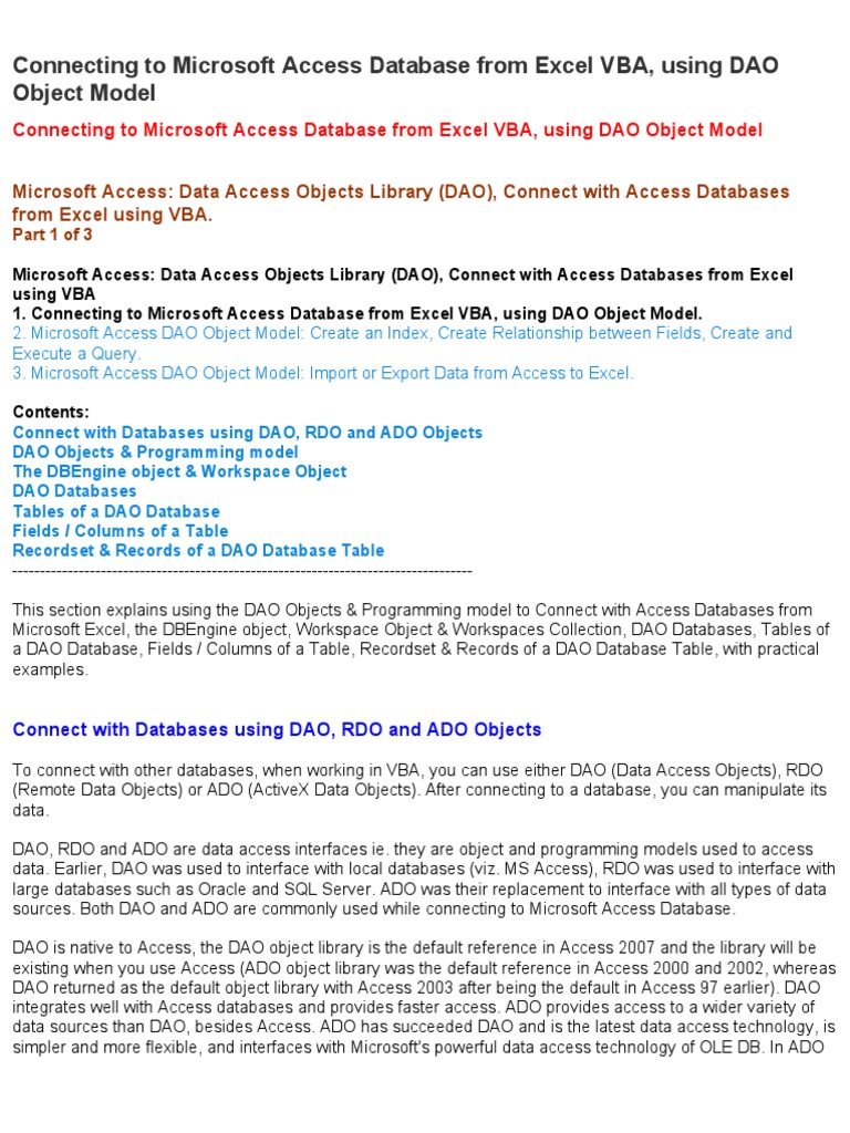 Connecting To Microsoft Access Database From Excel VBA, Using DAO Object Model | PDF | Microsoft ...