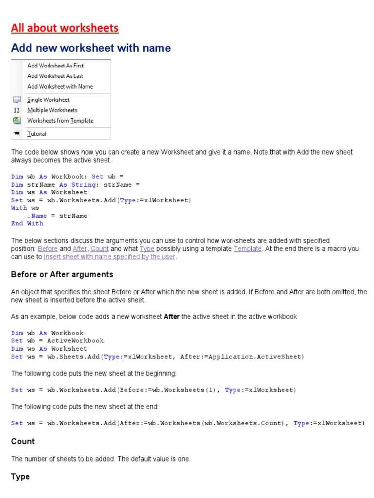 All About Worksheets: Add New Worksheet With Name | PDF | Microsoft ...