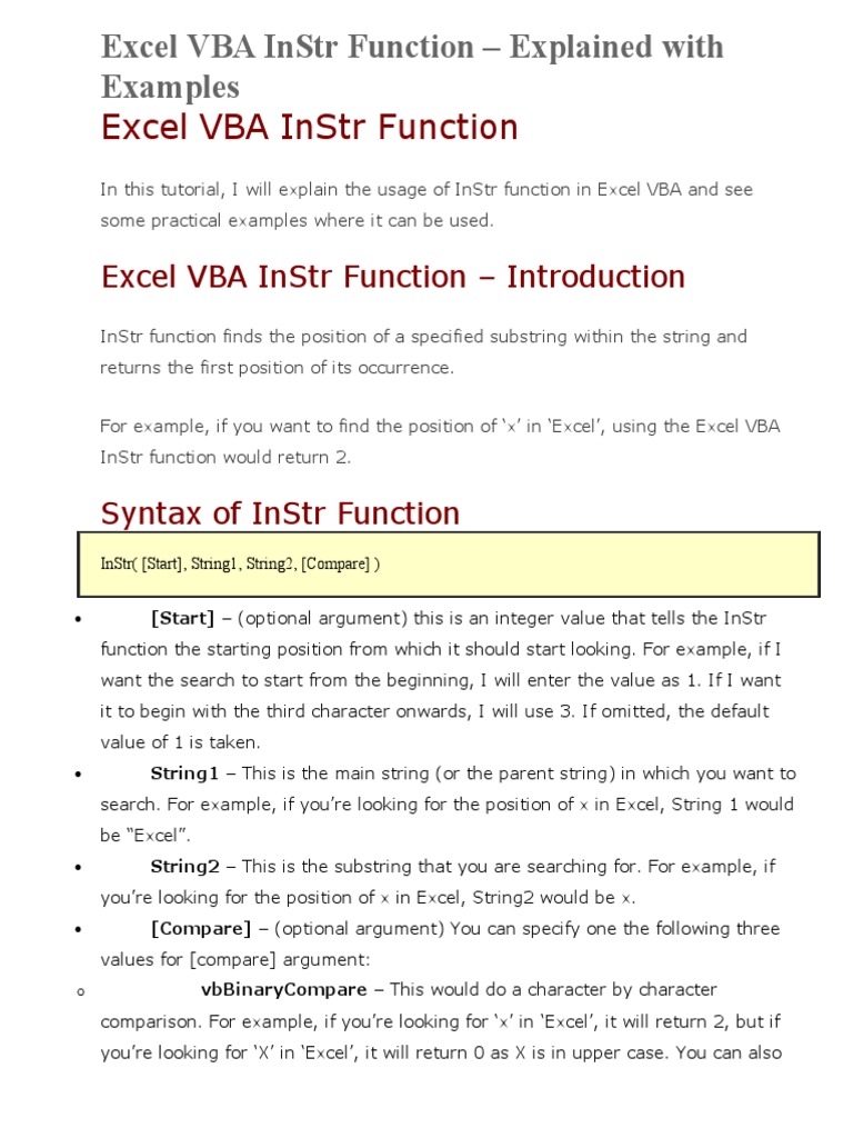 Excel VBA InStr Function | PDF | Microsoft Excel | String (Computer Science)