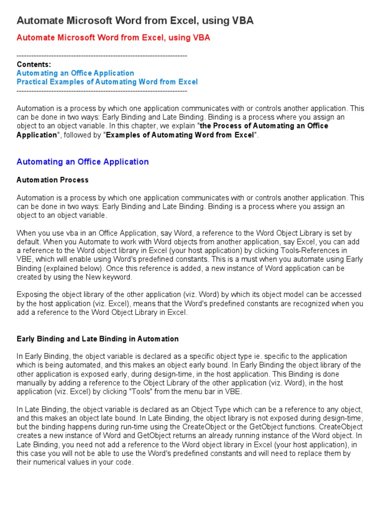 Excel Vba Automate Microsoft Word From Excel Pdf Microsoft Excel Visual Basic For Applications 6616