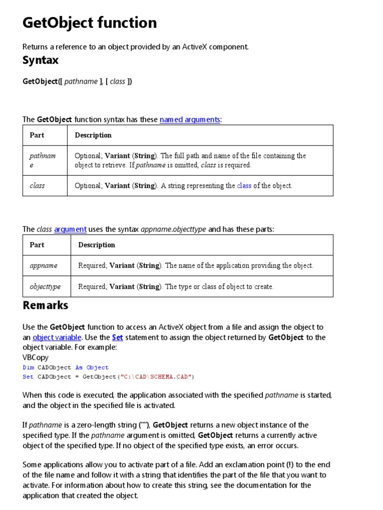 Getobject Function: Syntax | Download Free PDF | Class (Computer Programming) | Microsoft Excel
