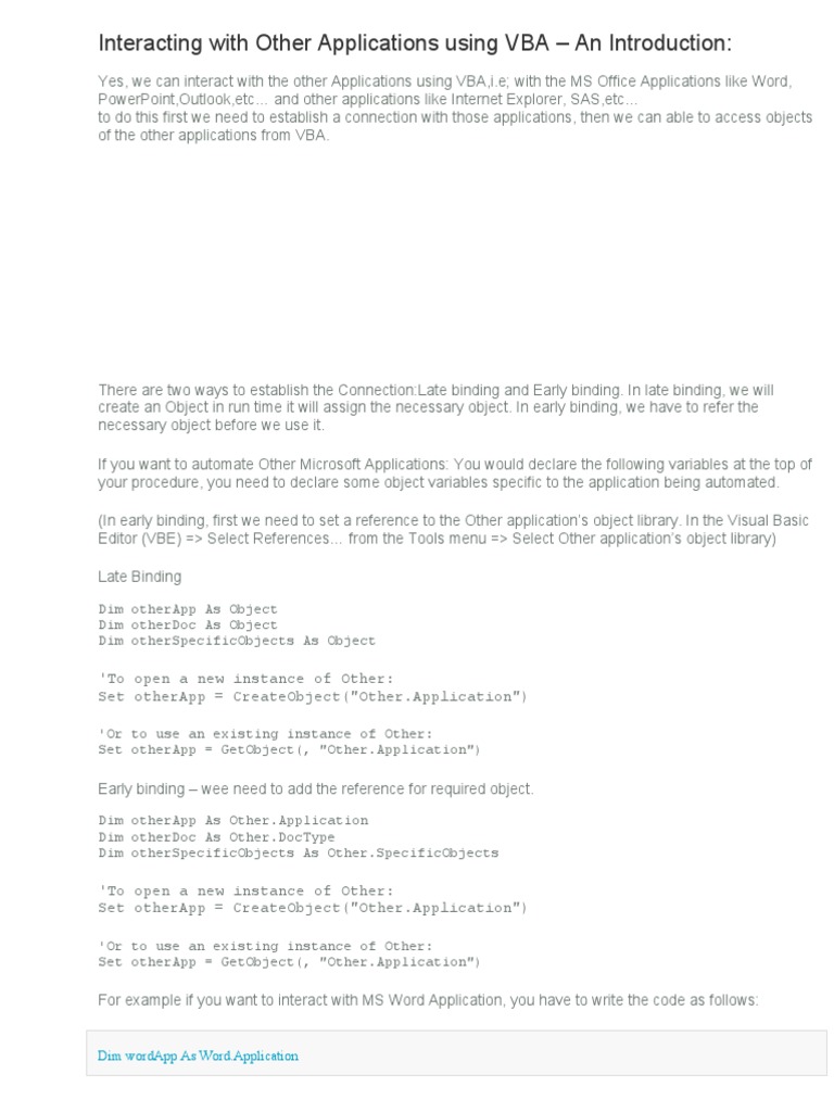 Interacting With Other Applications Using Vba Pdf Visual Basic For Applications Microsoft Word
